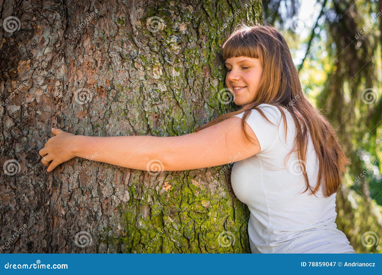 Happy Woman Hugging a Tree in the Forest Stock Image - Image of ...