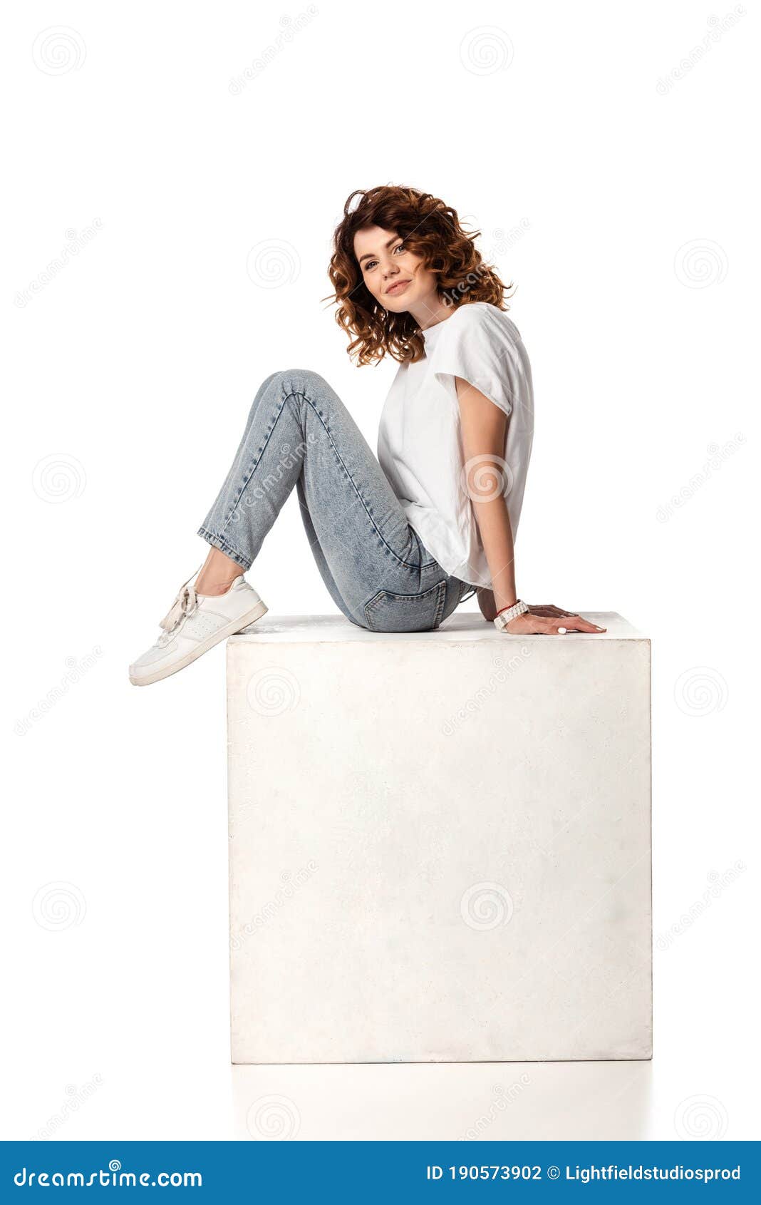 Happy Woman in Jeans Sitting on Stock Photo - Image of smiling, happy ...