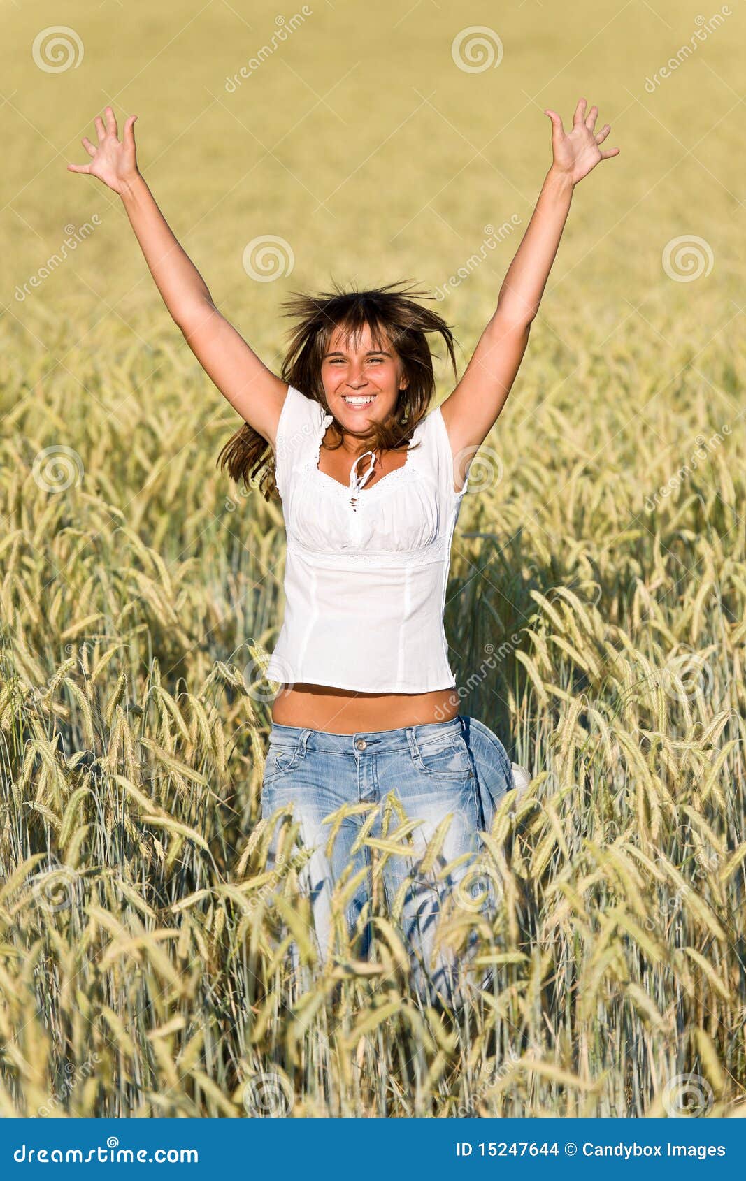 Happy Woman Jump in Corn Field in Summer Stock Photo - Image of country ...