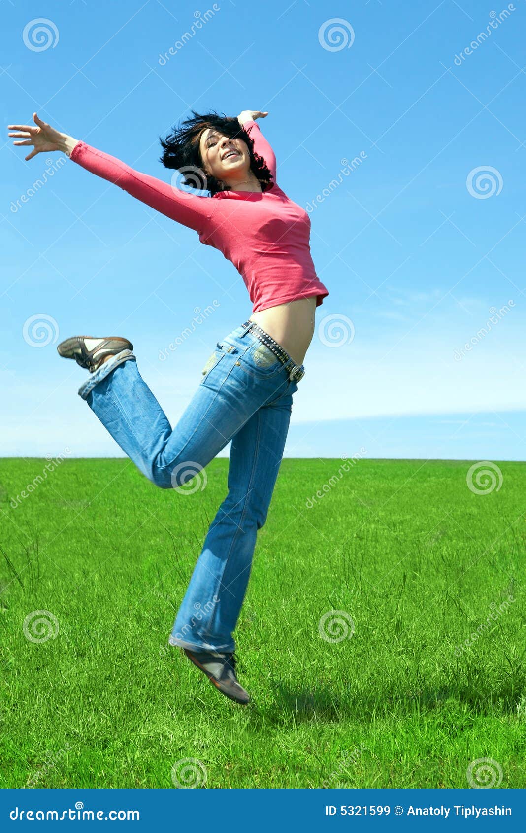Happy woman jump in field stock image. Image of summer - 5321599