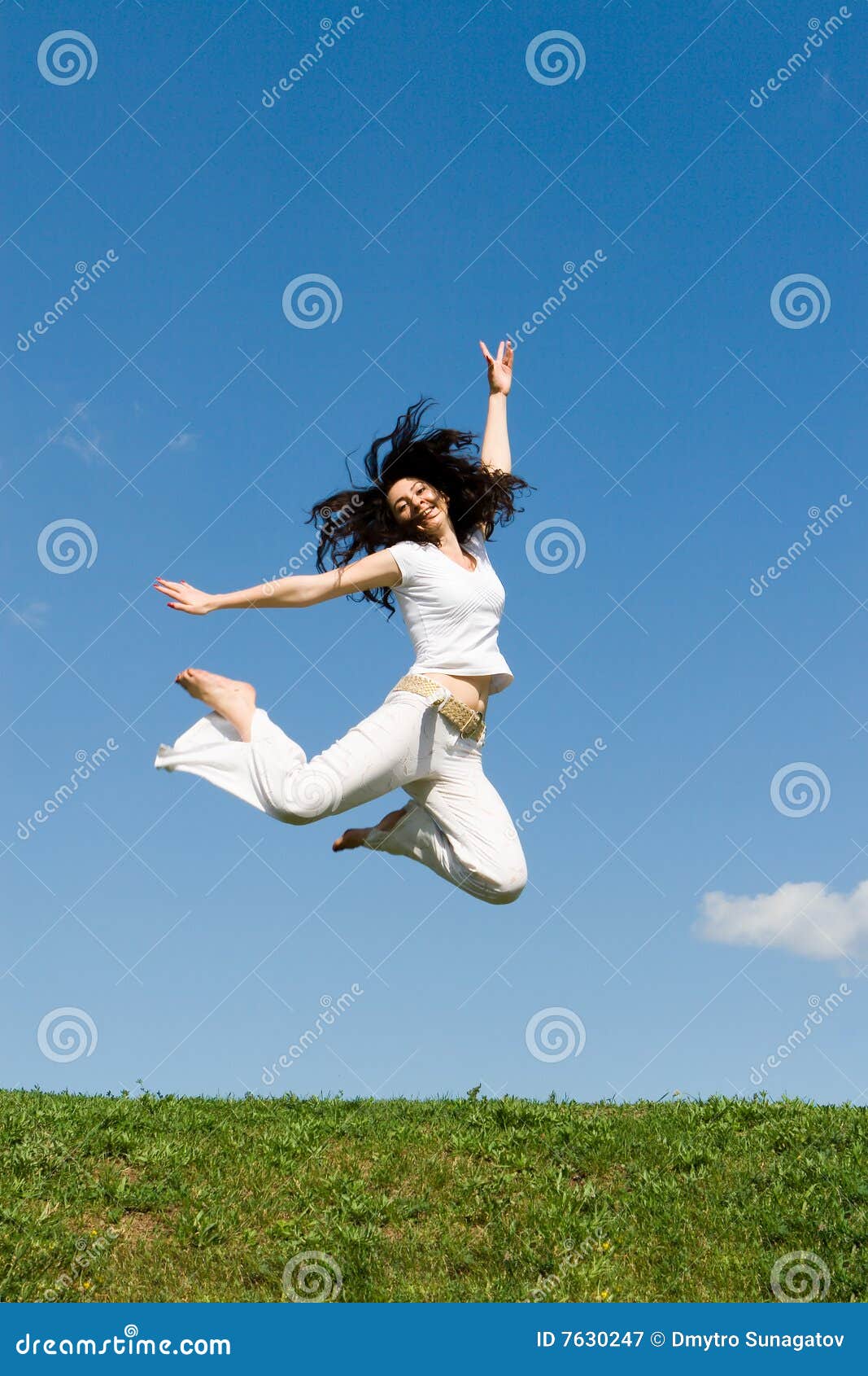 Happy woman is jumping stock image. Image of beauty, clouds - 7630247