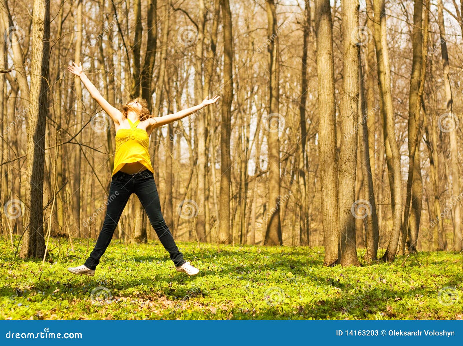 Happy Woman Jumping in Spring Nature Stock Image - Image of happy ...