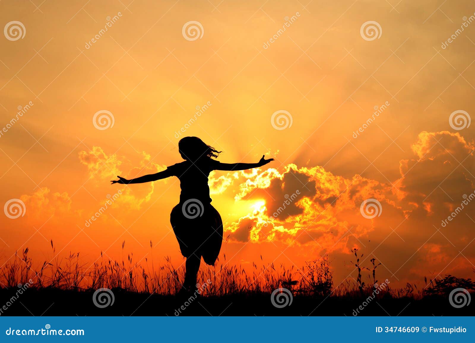 Happy Woman Jumping and Sunset Silhouette Stock Image - Image of ...
