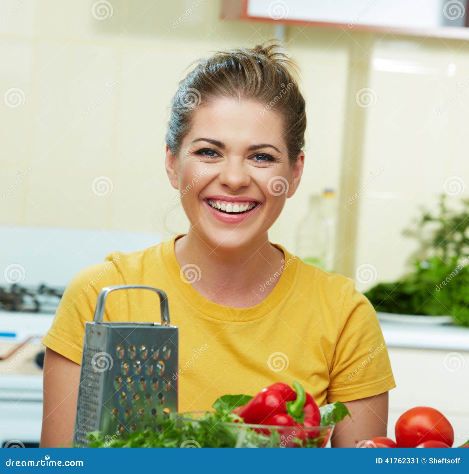 Happy woman in kitchen stock image. Image of adult, domestic - 41762331
