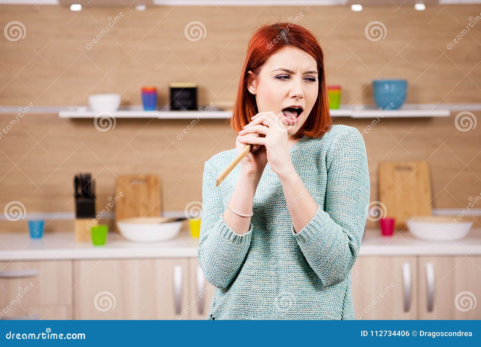Happy Woman in the Kitchen Singing Stock Photo - Image of happy ...