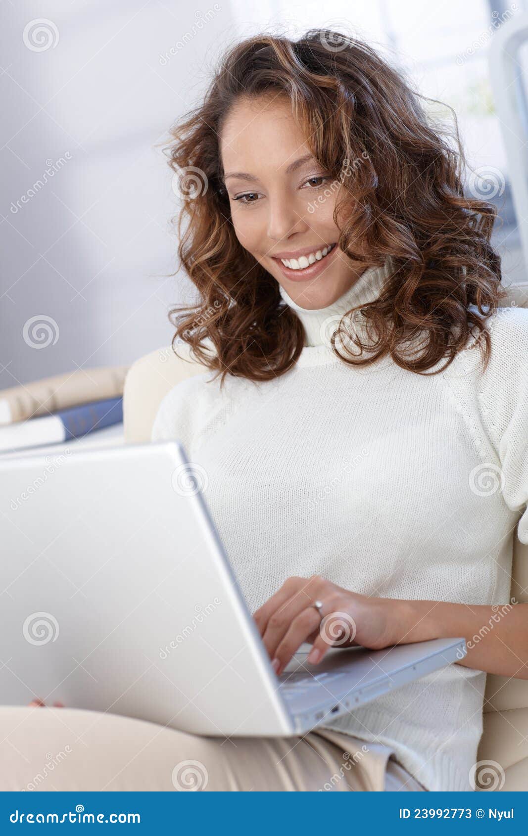 Happy woman with laptop stock image. Image of home, laptop - 23992773