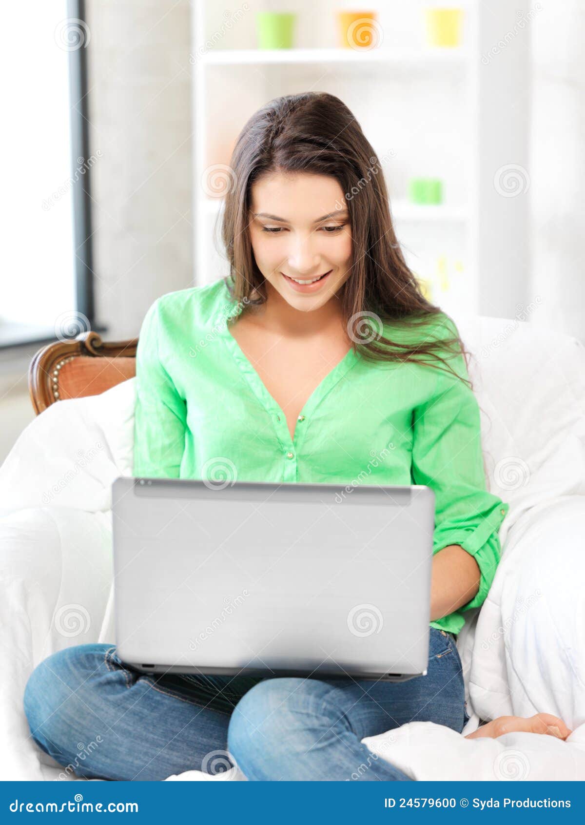 Happy Woman with Laptop Computer Stock Photo - Image of girl, lovely ...