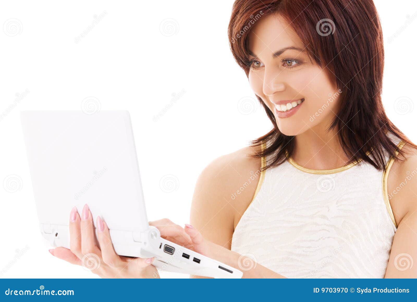 Happy Woman with Laptop Computer Stock Photo - Image of brunette ...