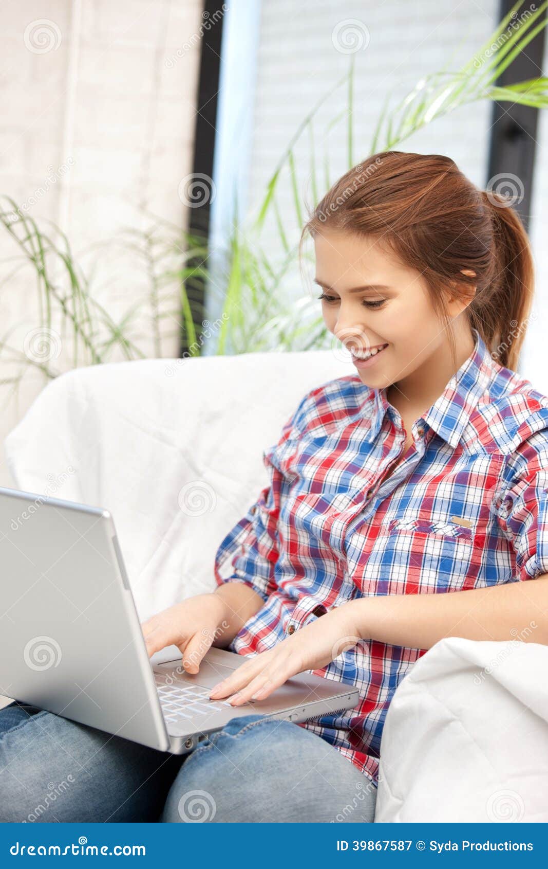 Happy Woman with Laptop Computer Stock Image - Image of human, home ...