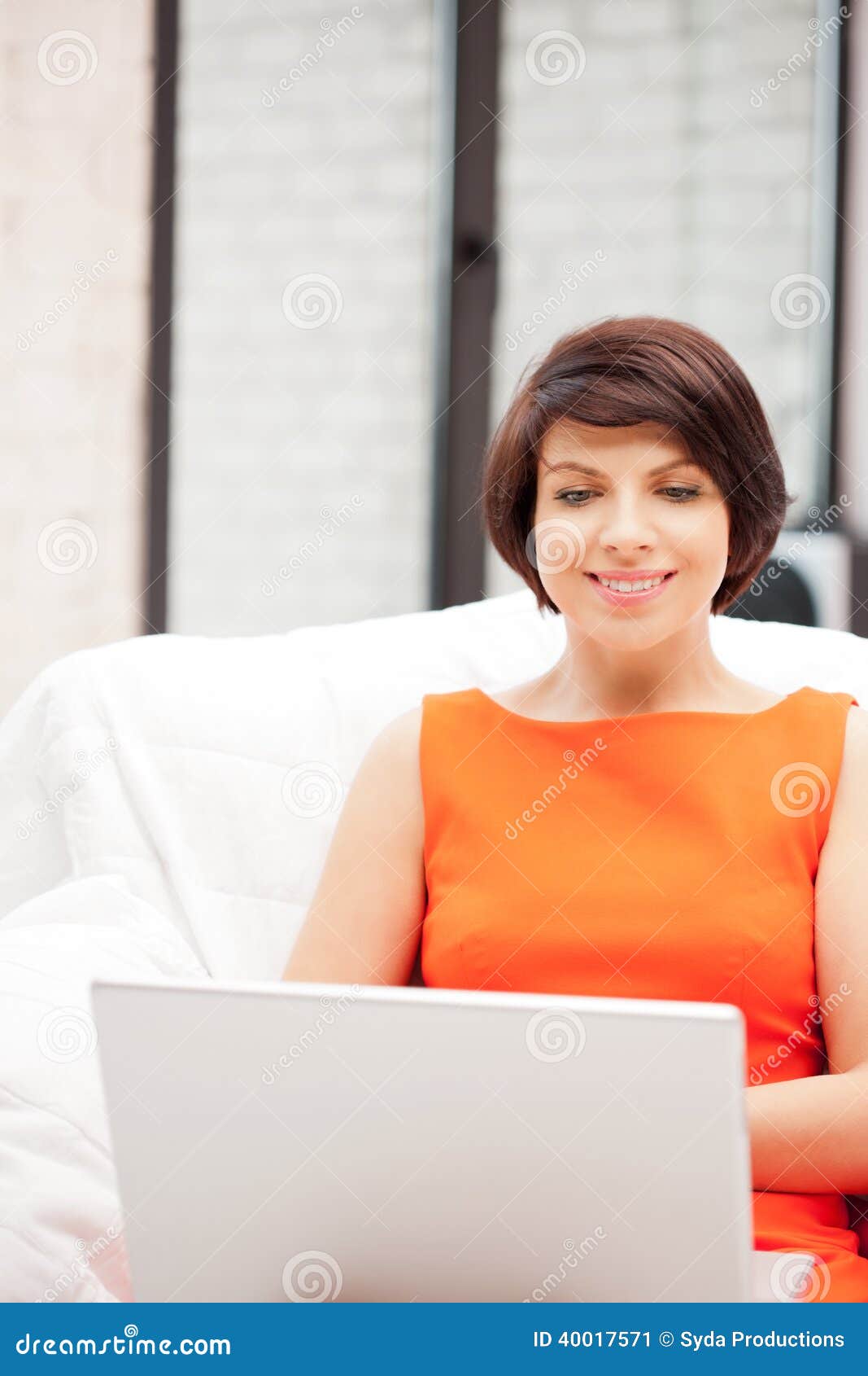Happy Woman with Laptop Computer Stock Image - Image of friendly ...