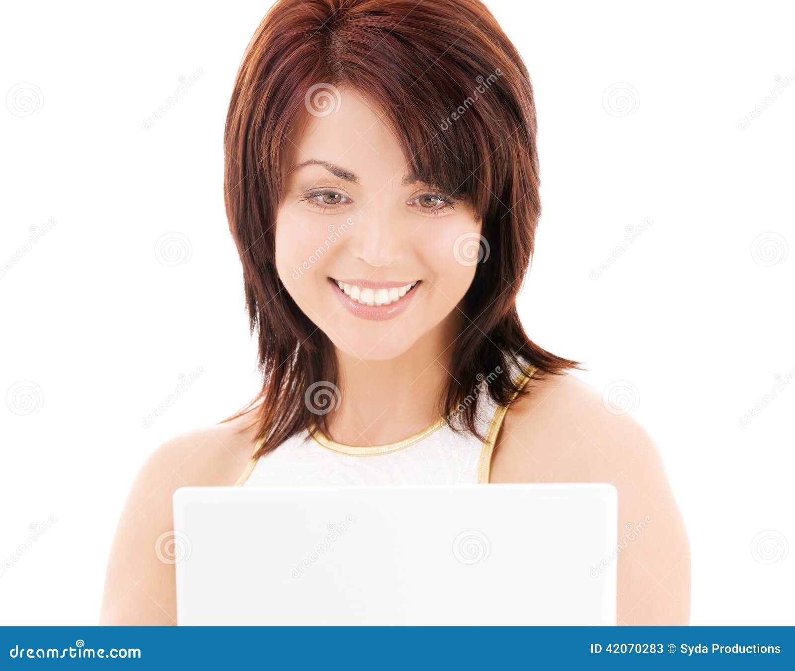 Happy Woman with Laptop Computer Stock Image - Image of closeup, lovely ...