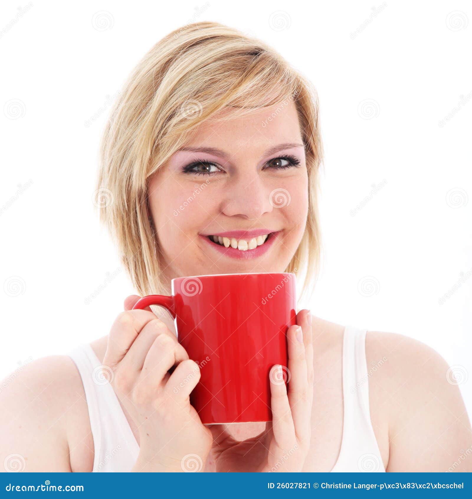 Happy Woman with Large Red Mug of Coffee Stock Image - Image of ...