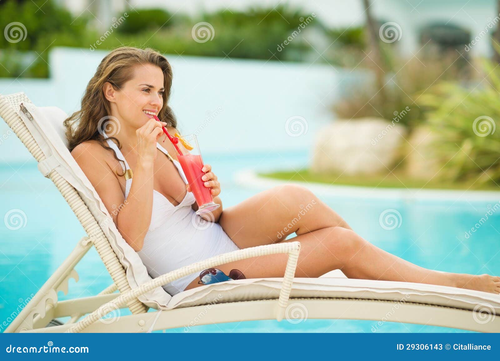 Happy Woman Laying On Sunbed And Drinking Cocktail Stock Image Image