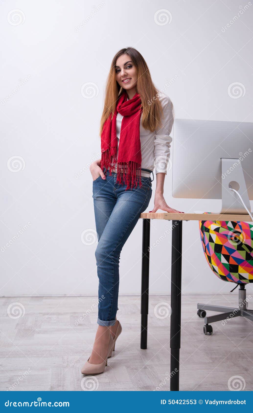 Happy Woman Leaning on the Table Stock Image - Image of hipster, jeans ...