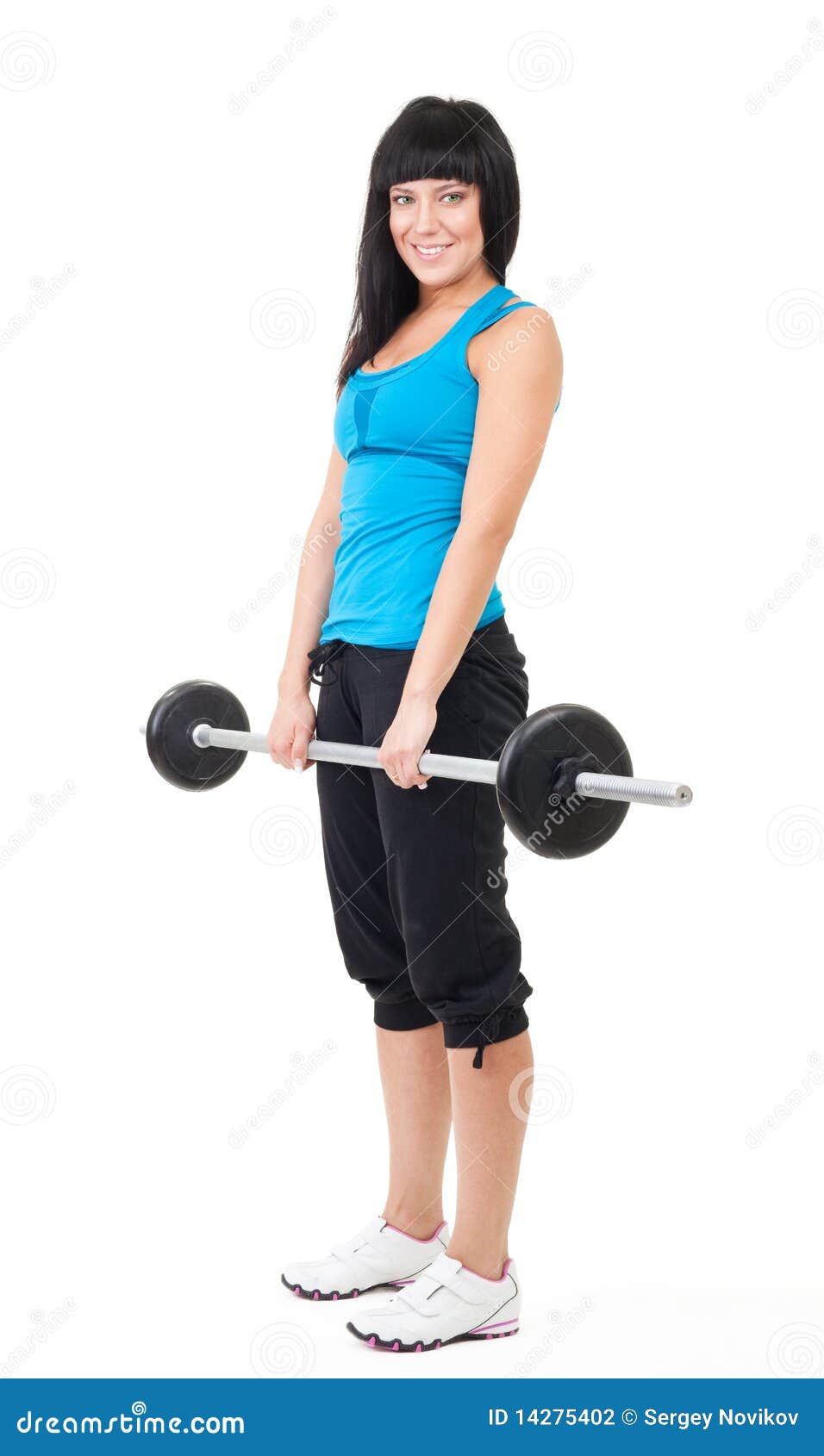 Happy Woman Lifting Bar with Weights Stock Photo - Image of ...