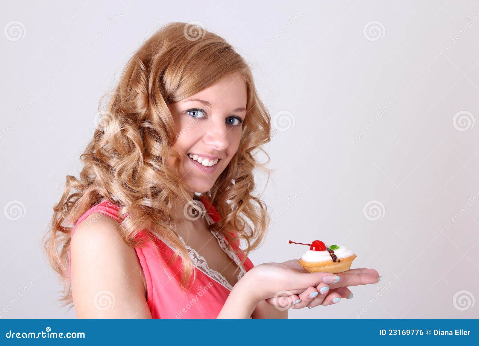 Happy Woman with Little Cake in Hand Stock Photo - Image of pink ...