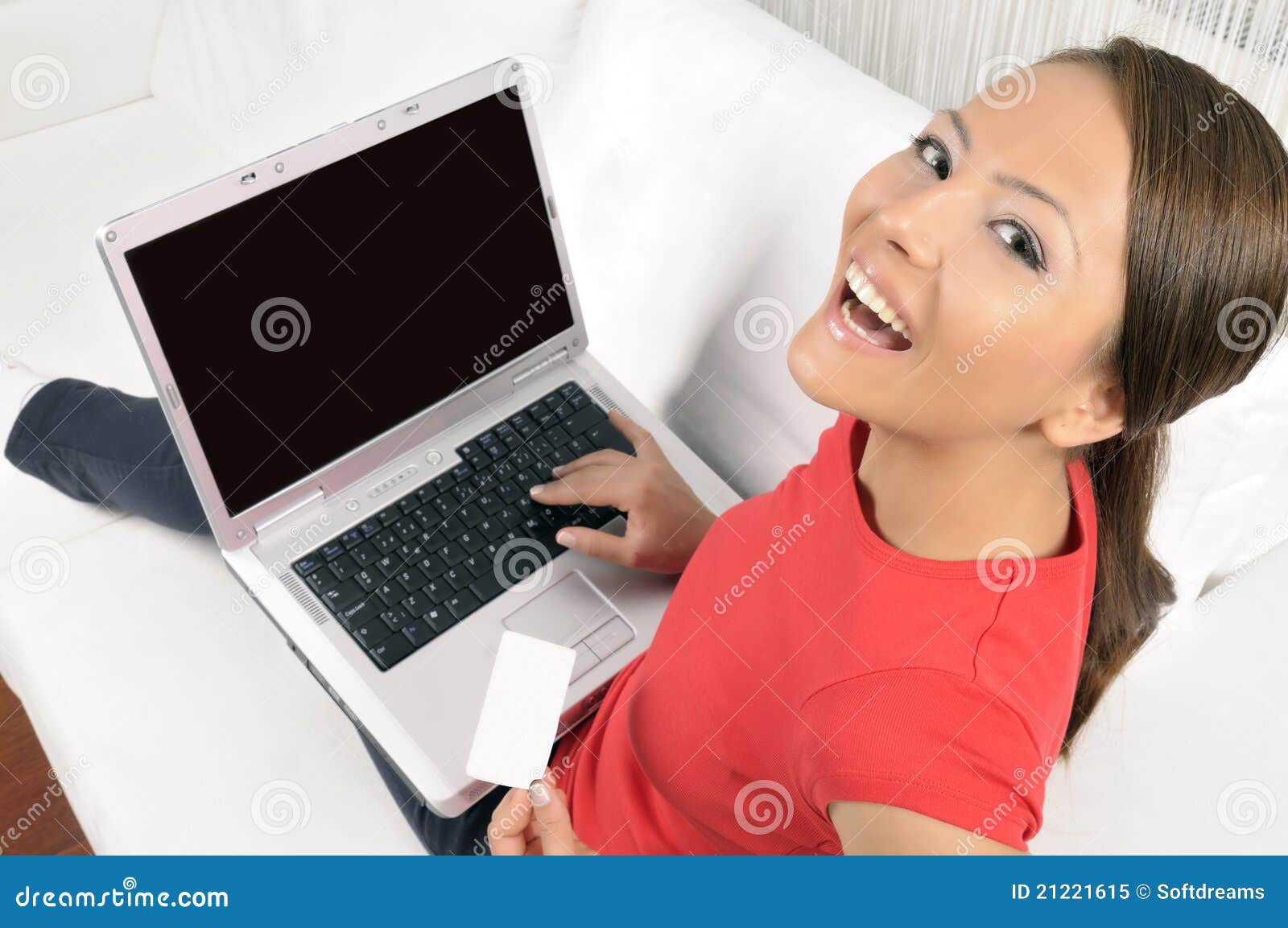 Happy Woman Looking Backward with Laptop Stock Image - Image of ...