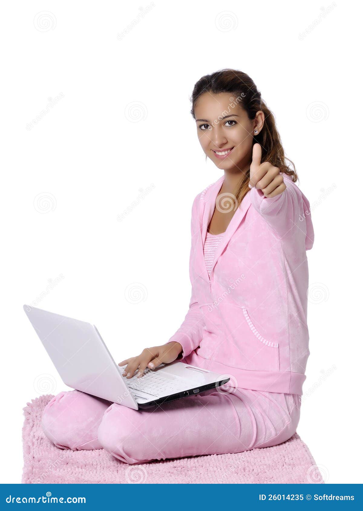 Happy Woman Looking Backward with Laptop Stock Image - Image of arabian ...