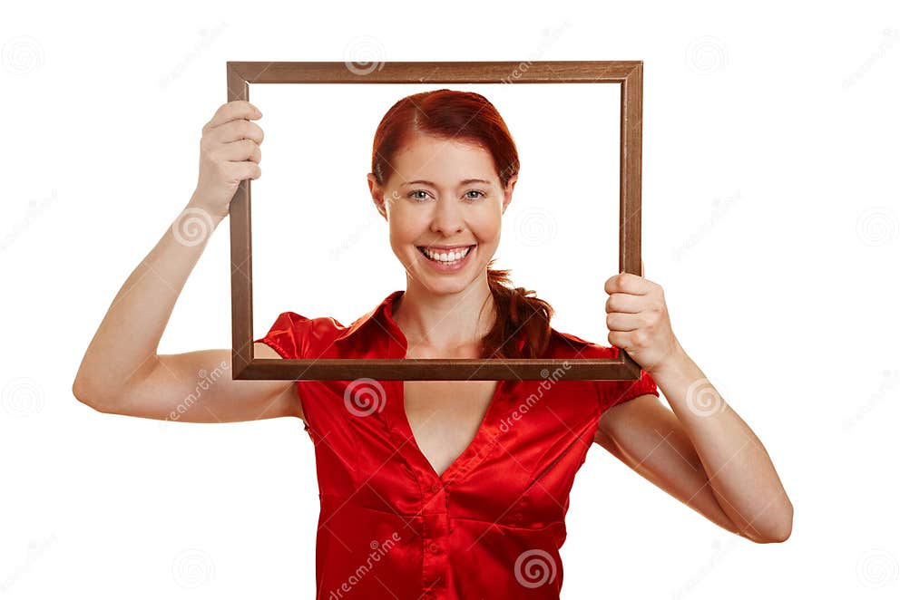 Happy Woman Looking through Frame Stock Image - Image of copy, headshot ...
