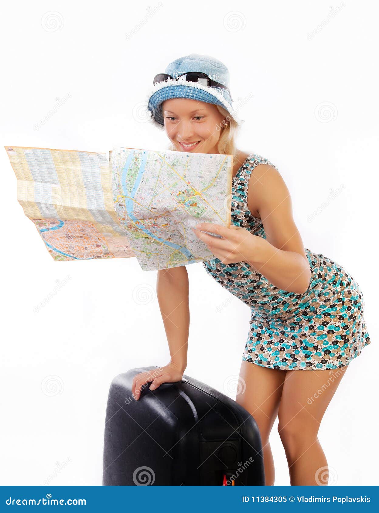 Happy woman looking on map stock image. Image of isolated - 11384305