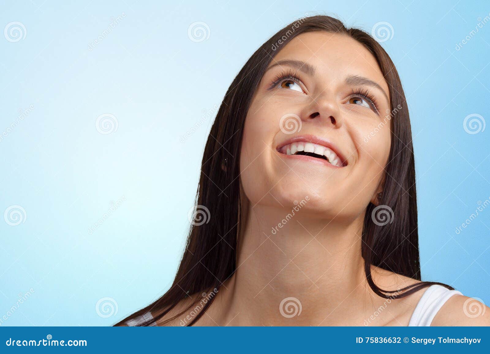 Happy woman looking up stock photo. Image of dental, copyspace - 75836632