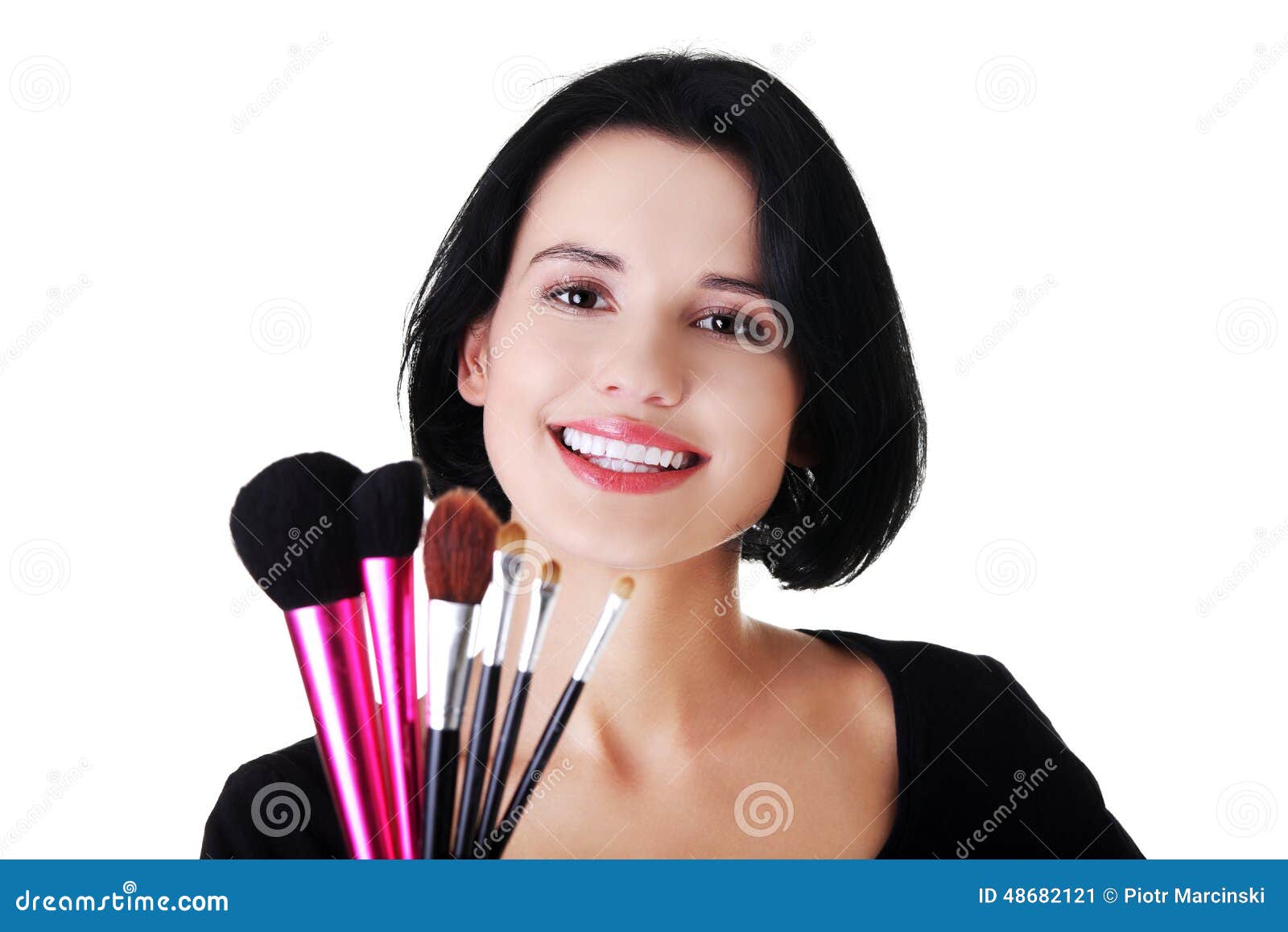 Happy Woman with Make Up Brushes Stock Image - Image of apply, face ...