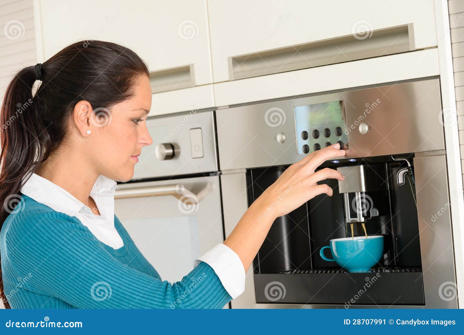 Happy Woman Making Coffee Machine Kitchen Cup Stock Image - Image of ...