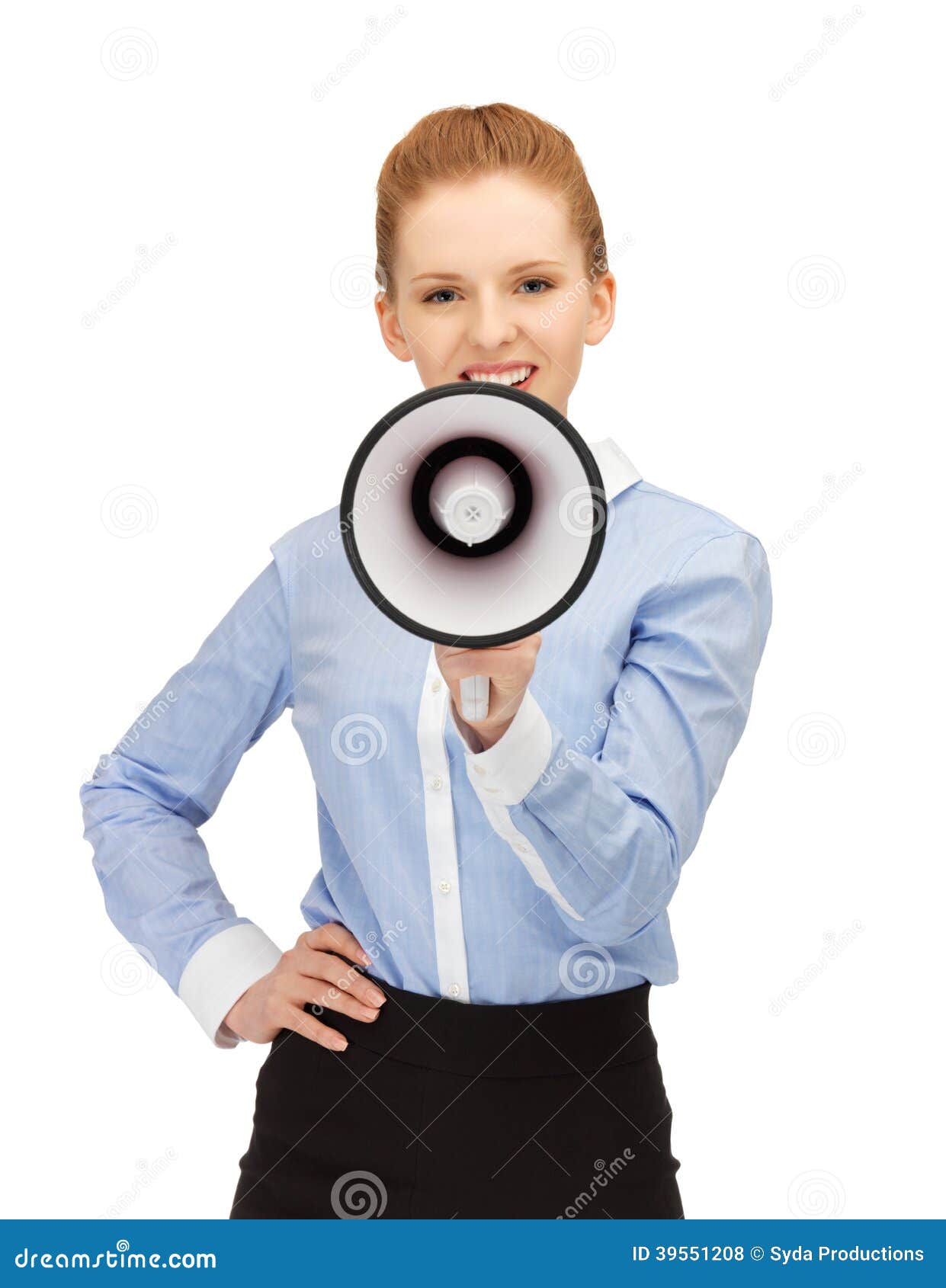 Happy woman with megaphone stock photo. Image of broadcasting - 39551208