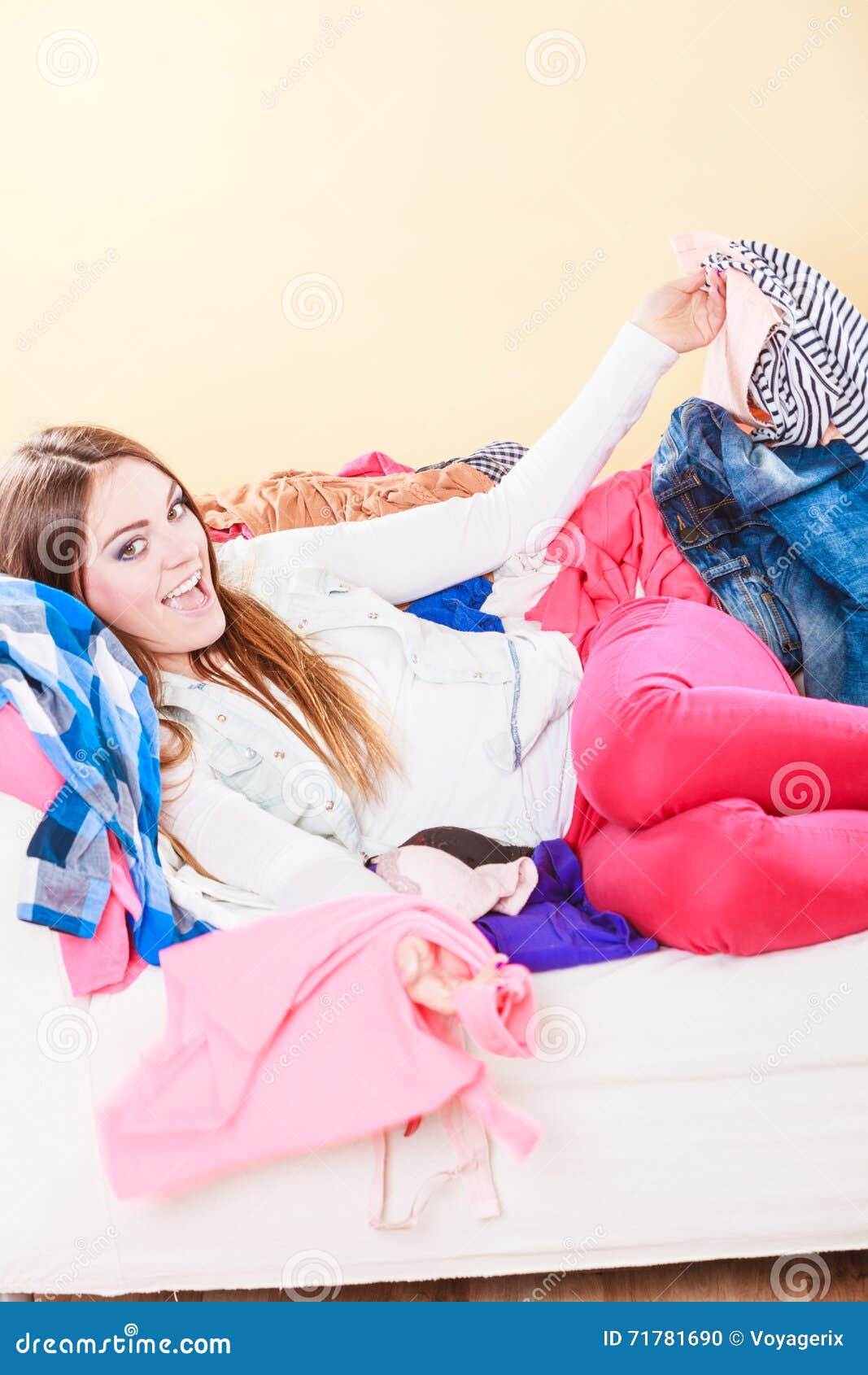 Happy Woman in Messy Room at Home. Stock Photo - Image of home, room ...