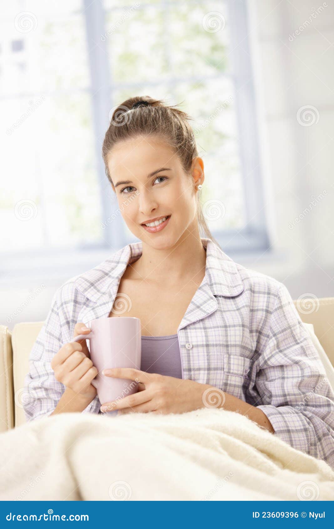 Happy Woman with Morning Coffee Stock Photo - Image of american ...