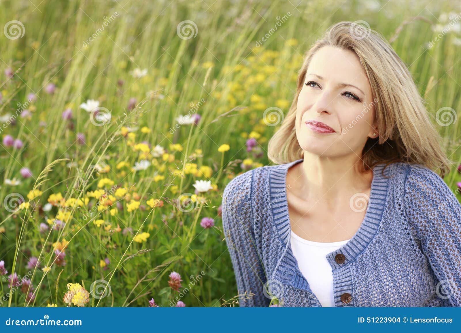 Happy woman in nature stock photo. Image of aged, field - 51223904