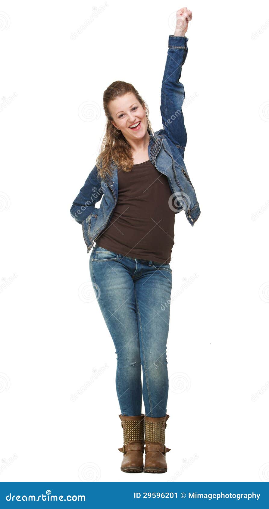 Happy Woman with One Hand in the Air Stock Image - Image of happy ...