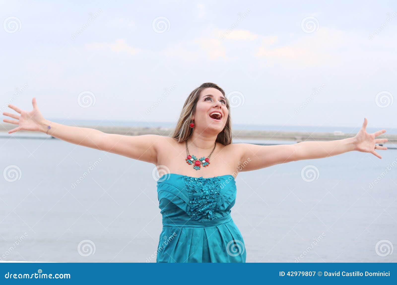 Happy Woman with Open Arms Looking at the Sky Stock Image - Image of ...