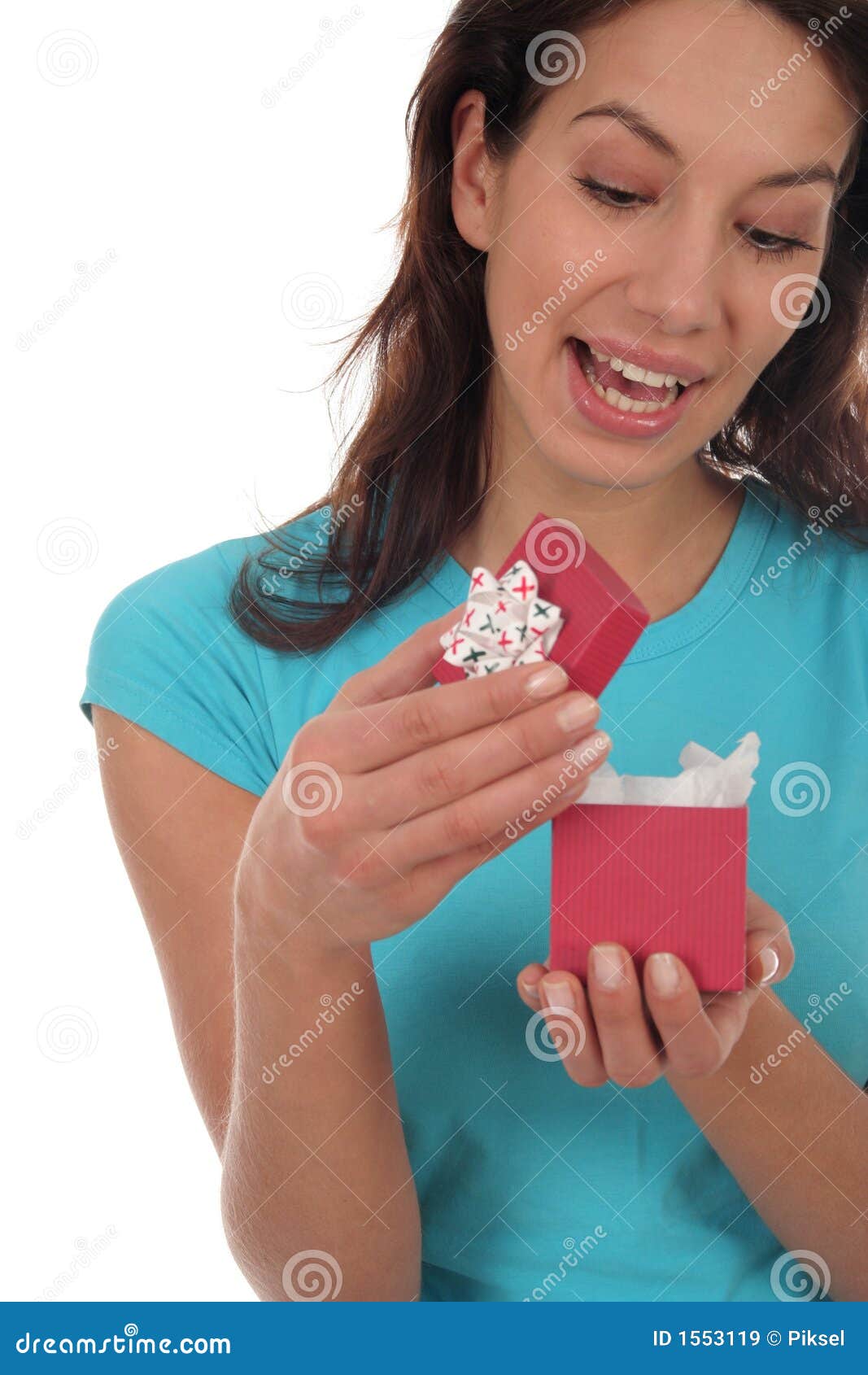 Happy Woman Opening Present Stock Image - Image of holiday, people: 1553119