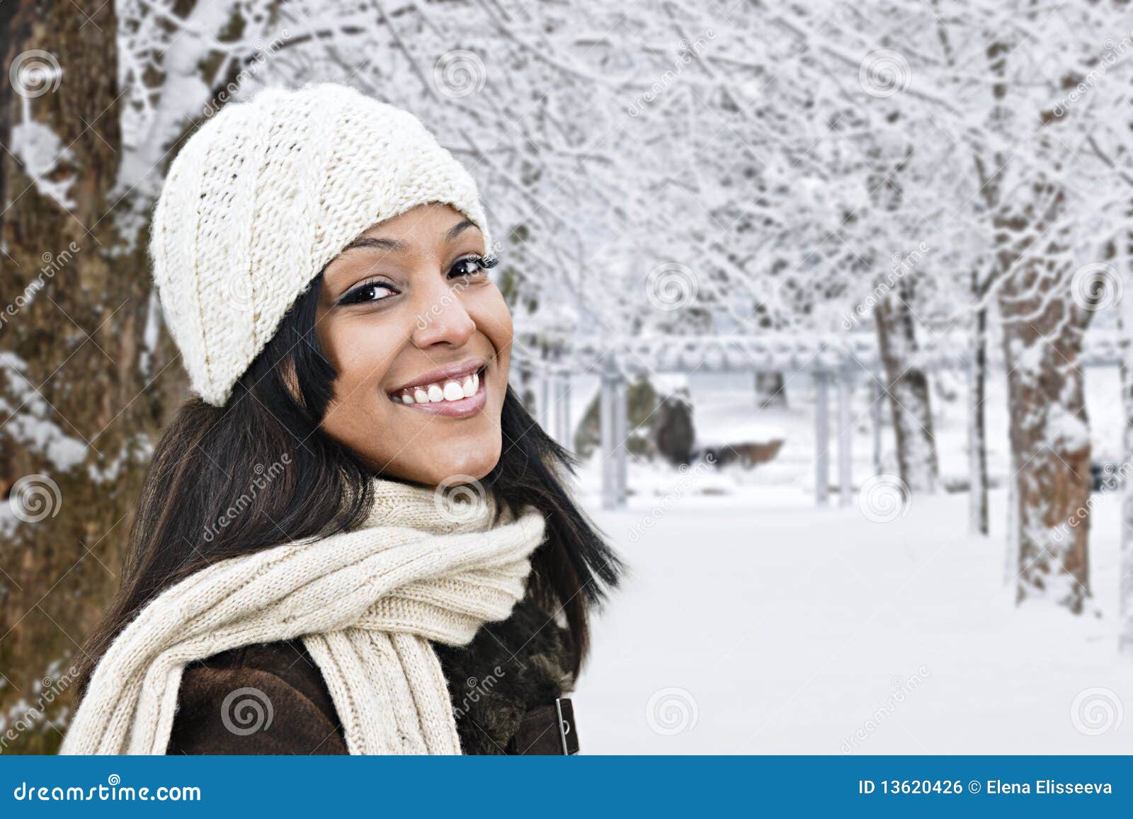 Happy Woman Outside in Winter Stock Photo - Image of happiness, mixed ...