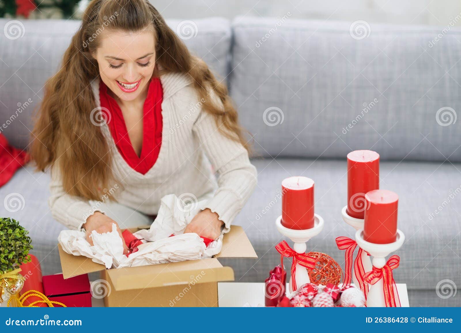 Happy Woman Packing Parcel with Christmas Gift Stock Photo - Image of ...