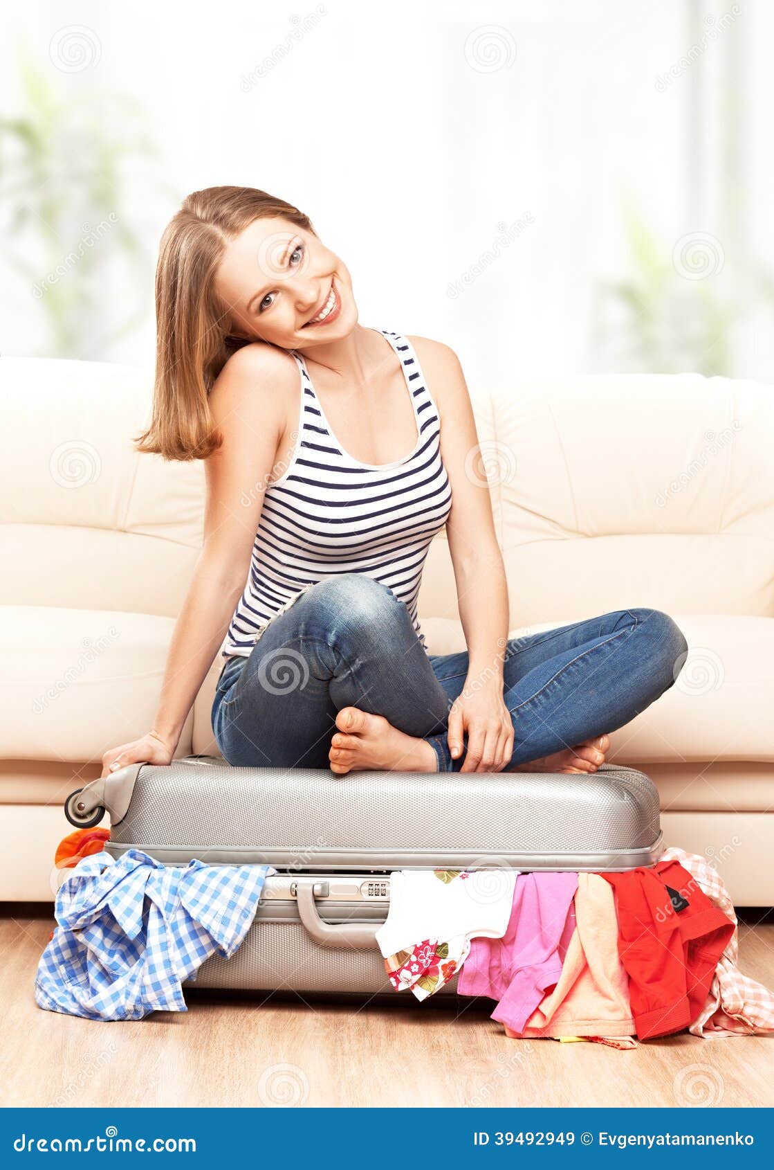 Happy Woman is Packing Suitcase at Home Stock Image - Image of holiday ...