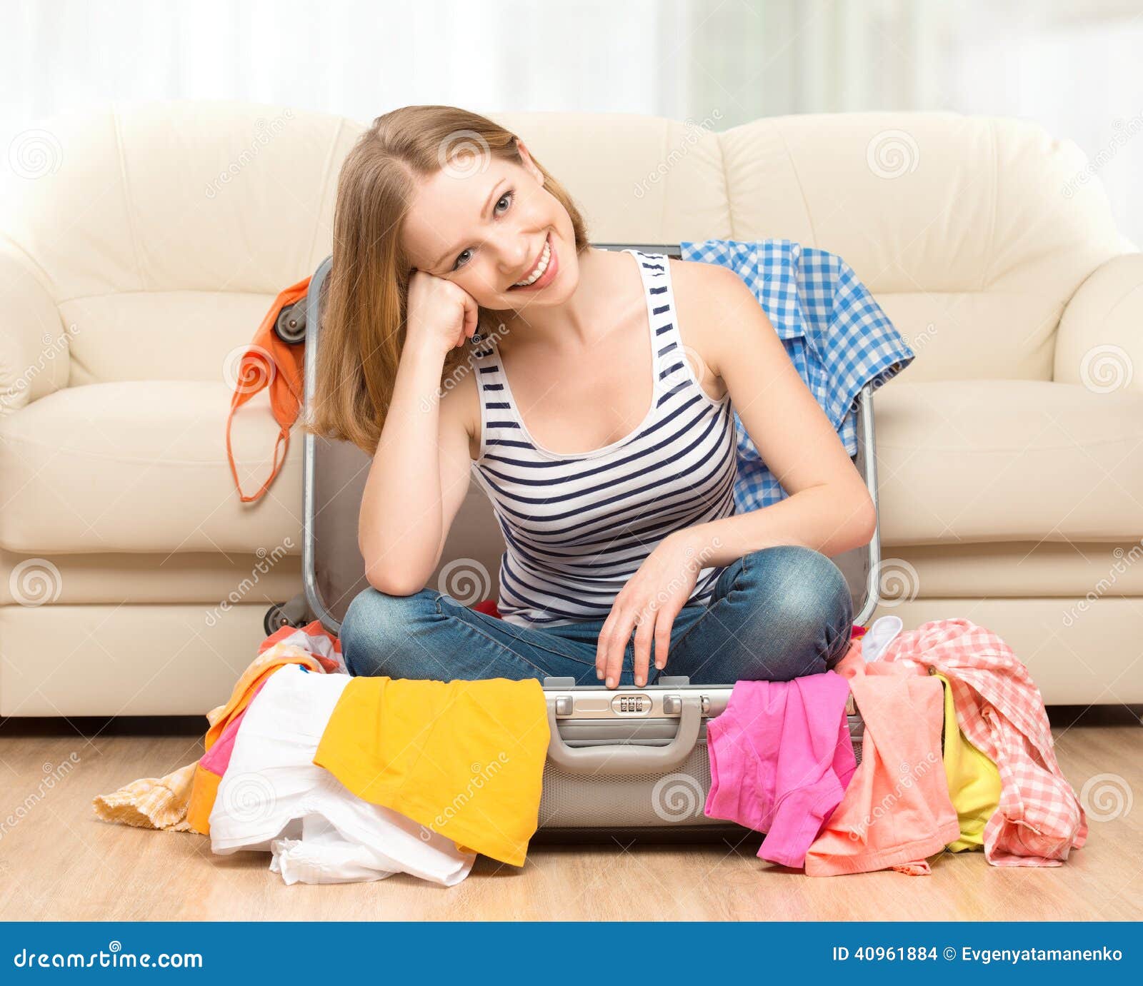 Happy Woman is Packing Suitcase at Home Stock Photo - Image of packing ...