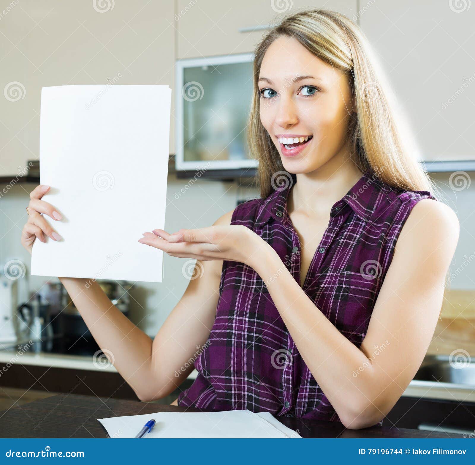 Happy woman with papers stock photo. Image of payments - 79196744