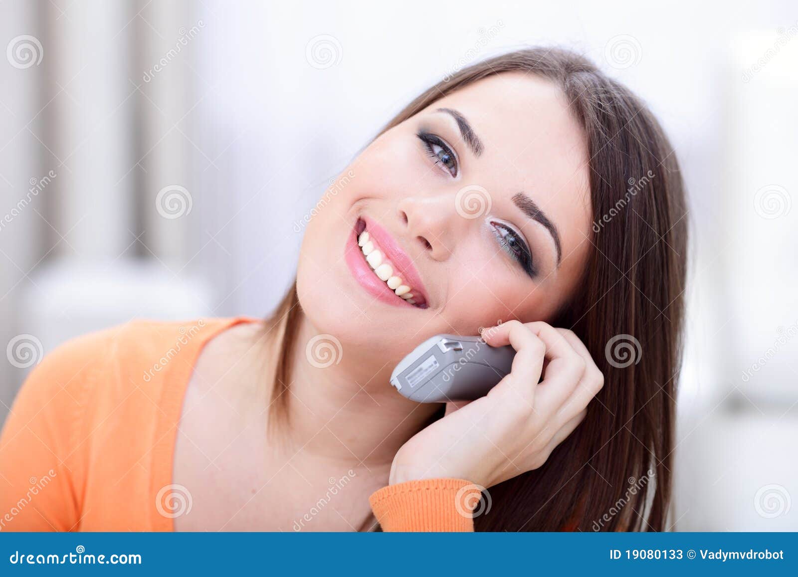 Happy woman on phone stock image. Image of pretty, elegant - 19080133