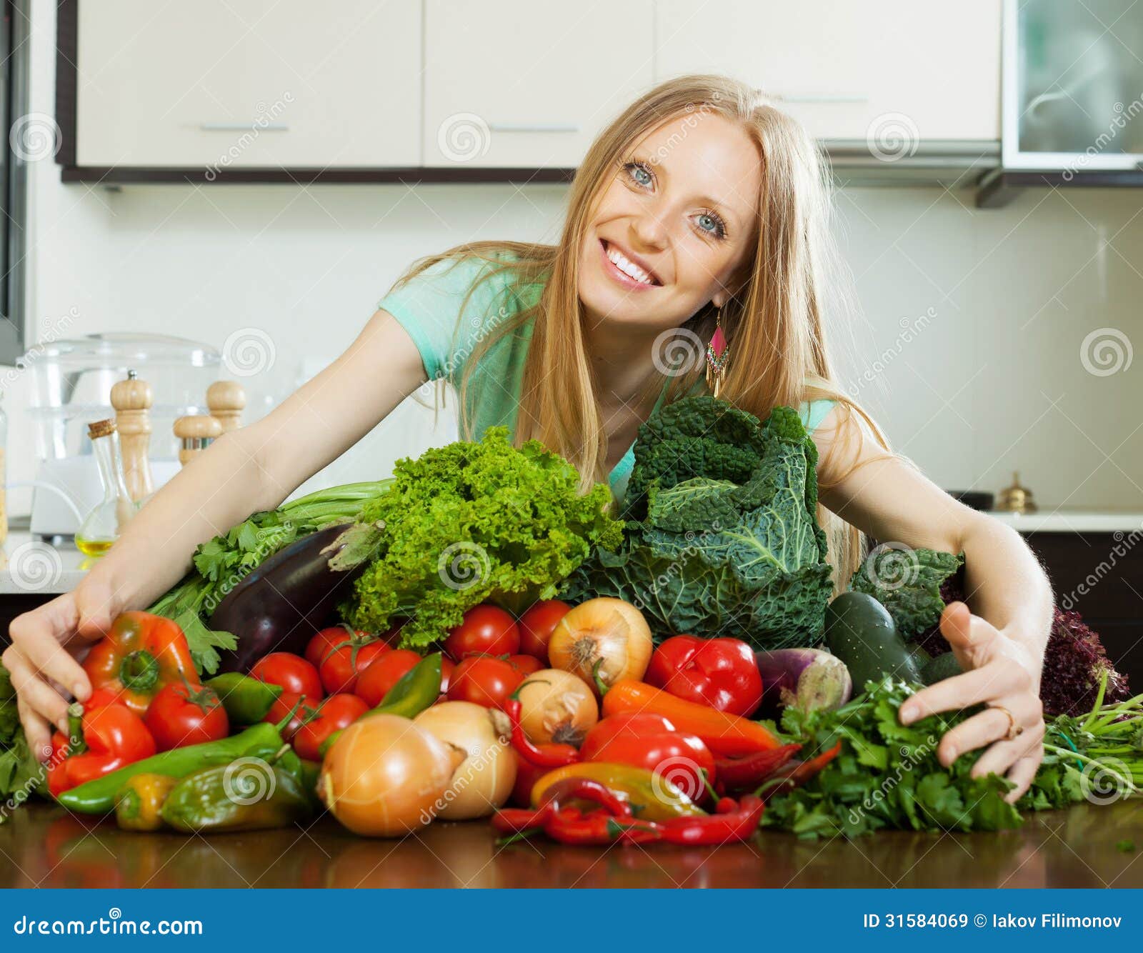Happy Woman with Pile of Vegetables Stock Image - Image of happy, home ...