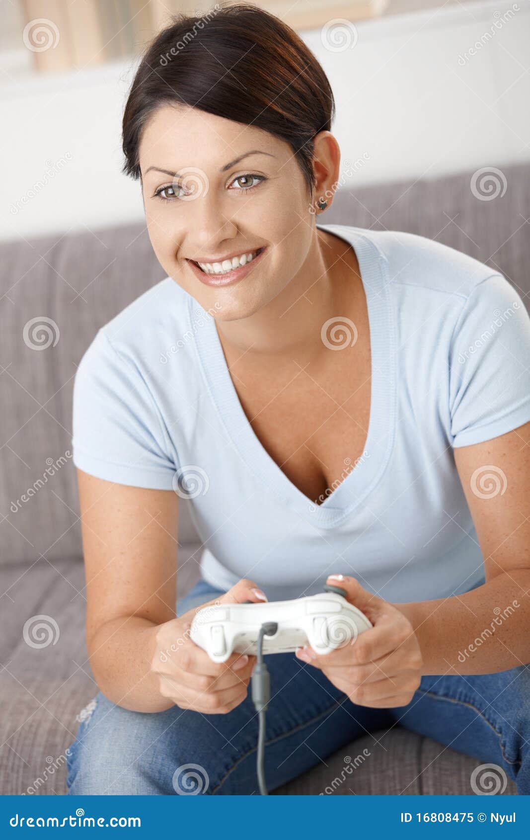 Happy Woman Playing Video Game Stock Image - Image of casual, clothing ...