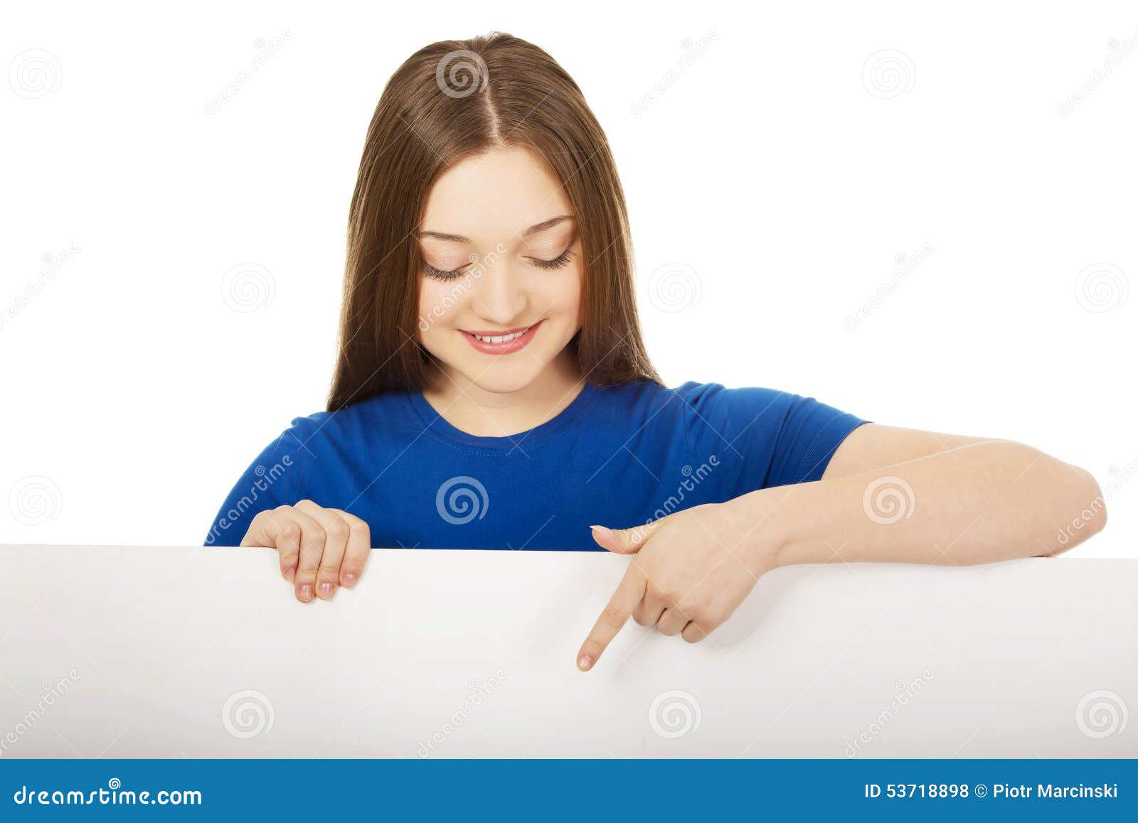 Happy Woman Pointing on Blank Board. Stock Photo - Image of background ... Happy Woman Pointing on Blank Board. Stock Photo - Image of background ...