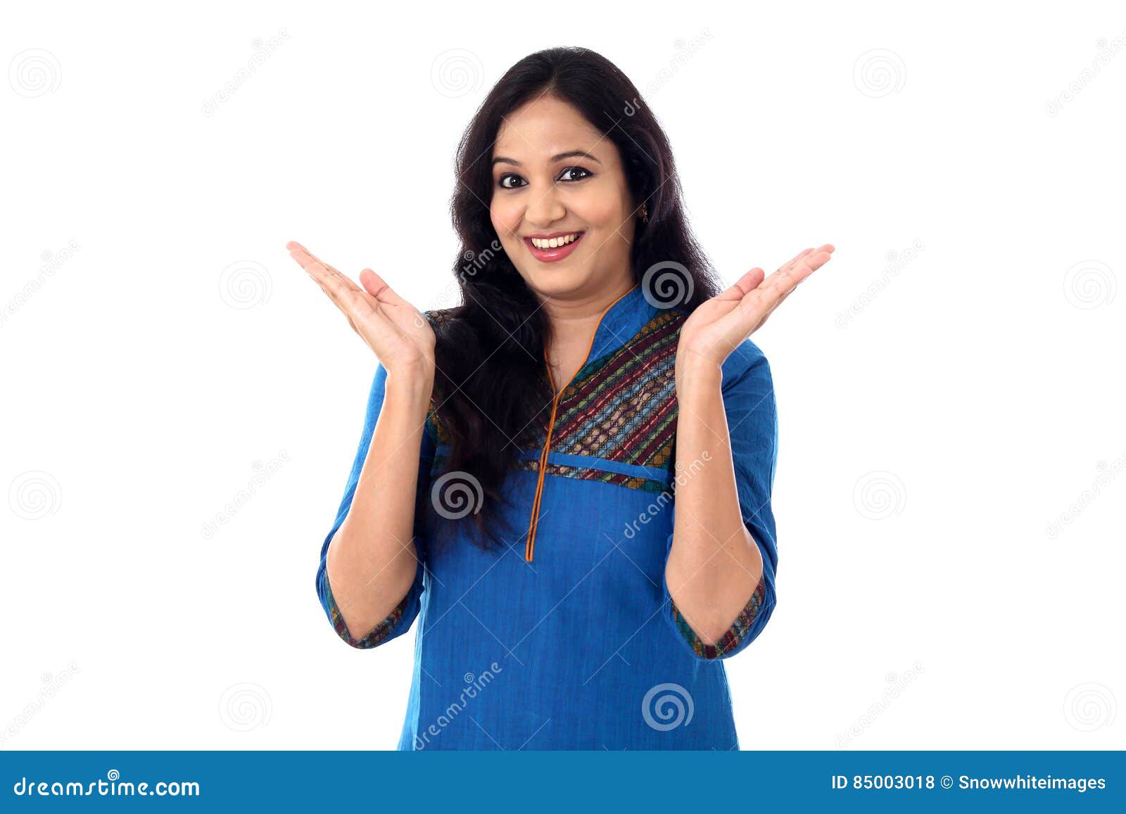 Happy Woman Pointing at Copy Space Against White Stock Photo - Image of ...