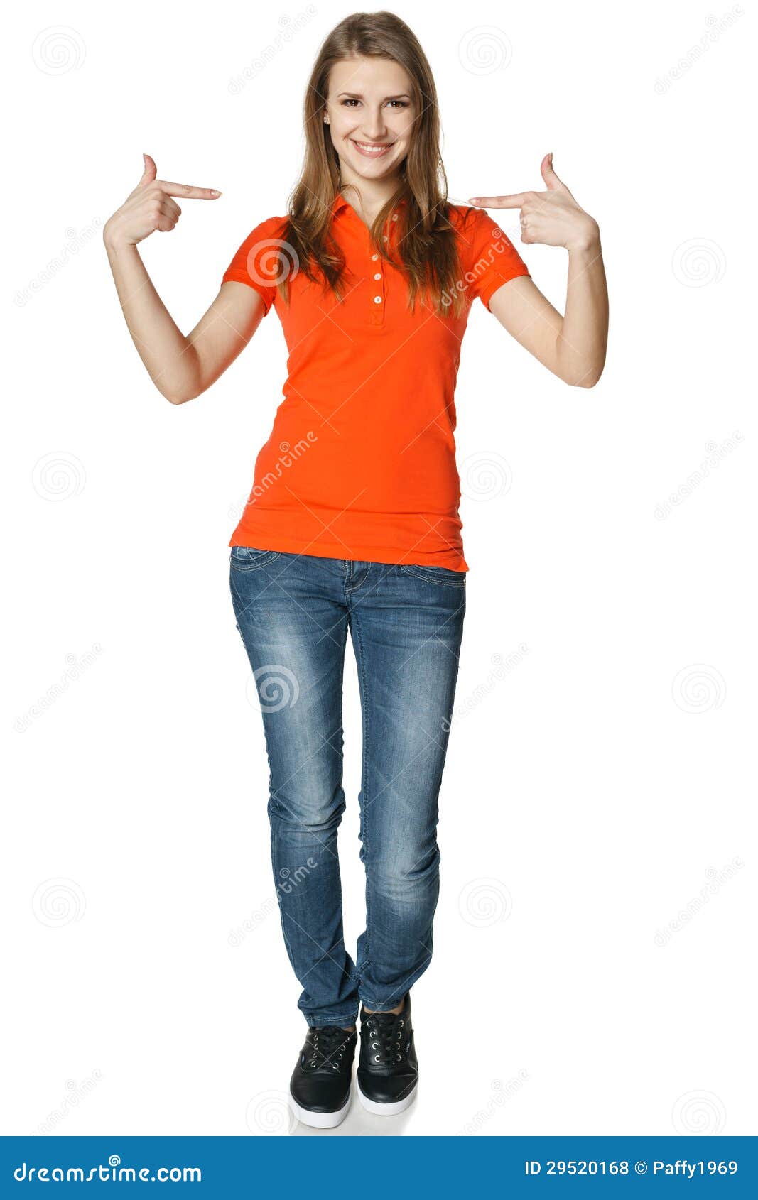 Happy Woman Pointing at Herself Standing in Full Length Stock Photo ...