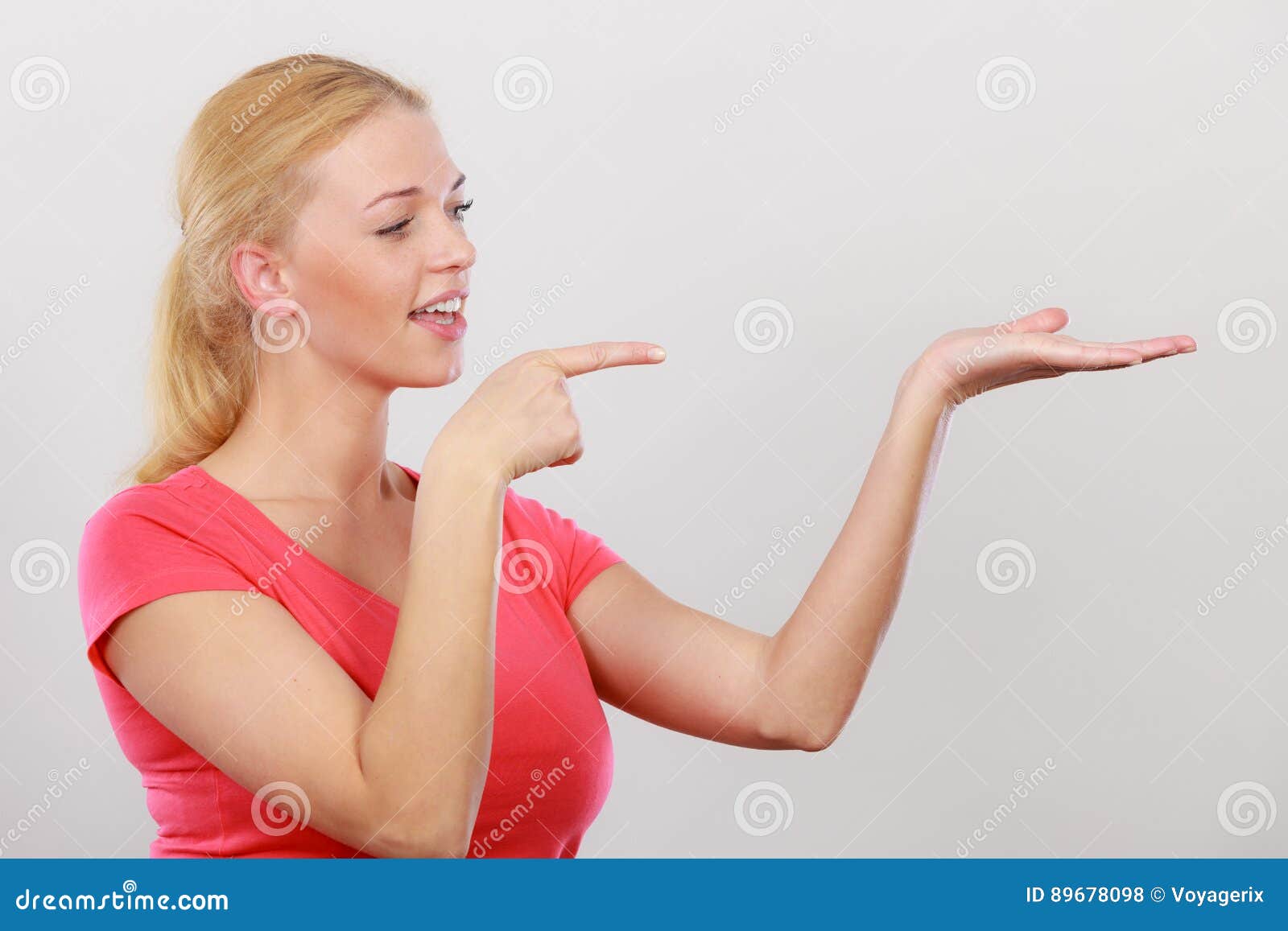 Happy Woman Pointing on Right Side Stock Photo - Image of point ...