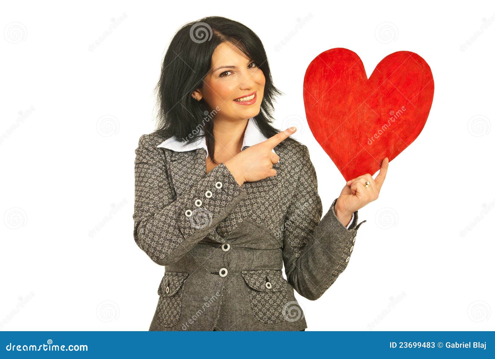 Happy Woman Pointing To Heart Shape Stock Image - Image of background ...