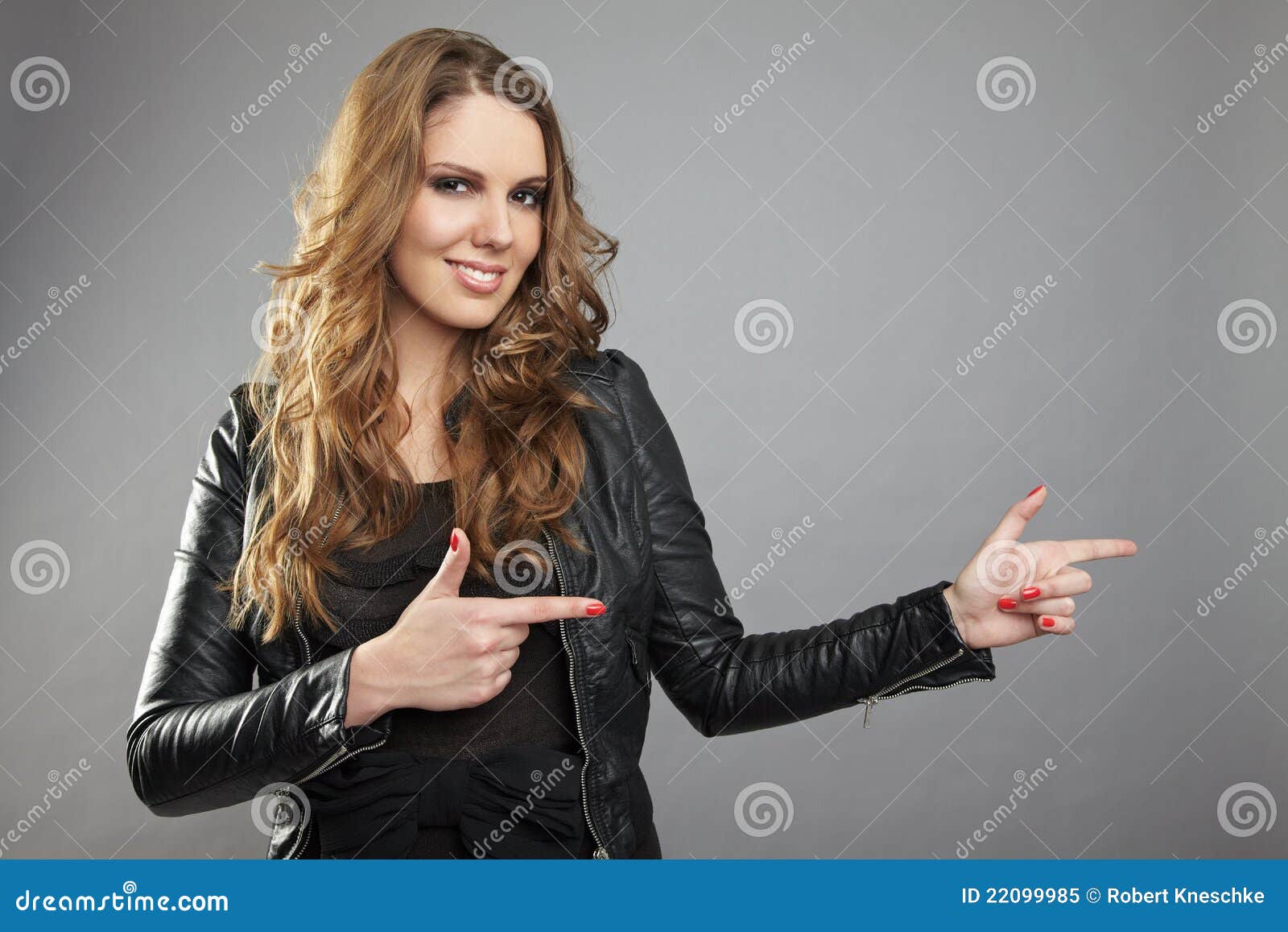 Happy Woman Pointing To the Right Stock Image - Image of hands, hint ...