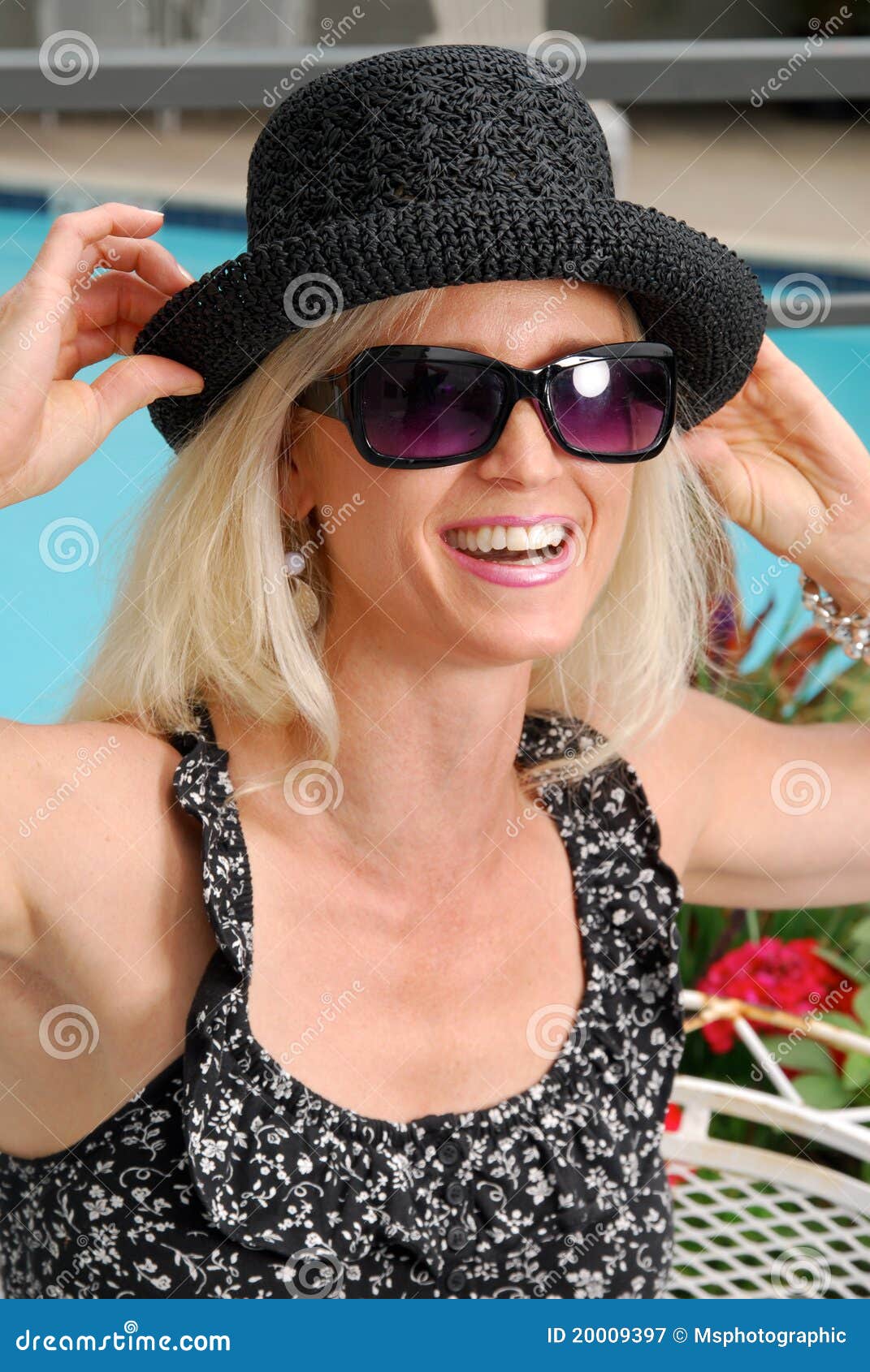 Happy woman by the pool stock image. Image of woman, female - 20009397