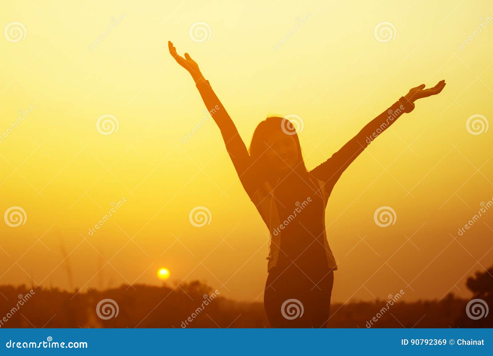Happy Woman Raised Hands Up Stock Image - Image of adult, happiness ...